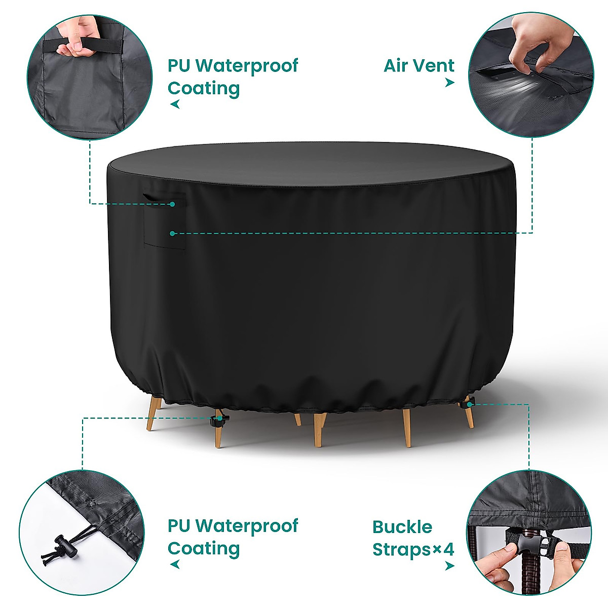 Mrrihand Round Patio Furniture Cover, Waterproof Heavy Duty 600D Outdoor Table Covers Anti-Fading Cover for Outdoor Furniture Set, 110"DIAx28"H, Black