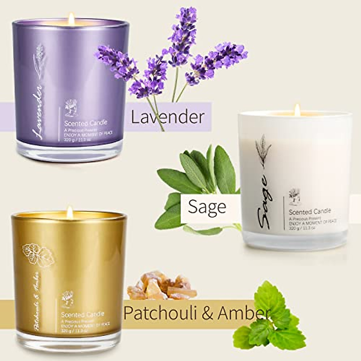 3 Pack Candles for Home Scented, Lavender Candle Set Large Jar Candles Gifts for Women, 11.3 oz Soy Sage Candles for Cleansing House, Scented Candles Gift Set for Mothers Day Birthday Gifts