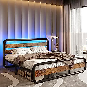 St.Mandyu LED Bed Frame with Wood Headboard and Led Lights,Heavy Duty Platform Bed Frame Under Bed Storage,Noise-Free,Brown (Queen)