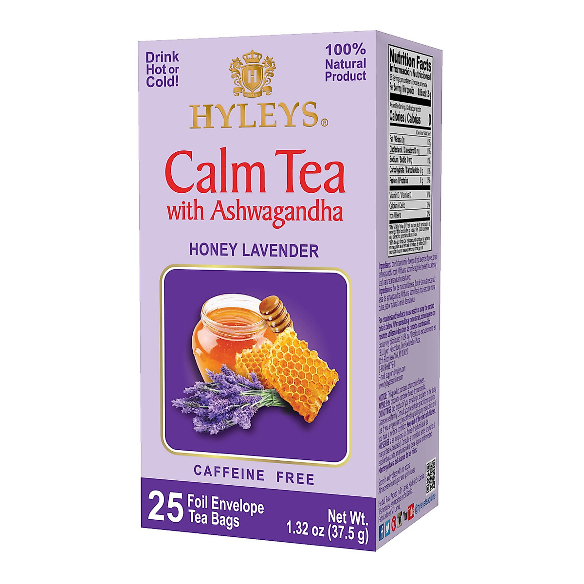 Hyleys Calm Tea with Ashwagandha - Lavender & Honey Flavor - Caffeine-Free, 100% Natural Herbal Tea - 25 Tea Bags