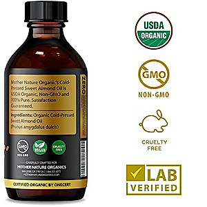 Mother Nature Organic Sweet Almond Oil - Extra Virgin & Cold-Pressed Almond Oil For Body & Hair - Powerful Moisturizer For Scars, Nails, Hair, Wrinkles & Dark Spots - Non-GMO & Cruelty-Free (4oz)