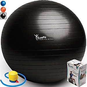 LuxFit Exercise Ball, Premium EXTRA THICK Yoga Ball '2 Year Warranty' - Swiss Ball includes Foot Pump. Anti-Burst - Slip Resistant! 45cm, 55cm, 65cm, 75cm, 85cm Size Fitness Balls (Black, 65cm)