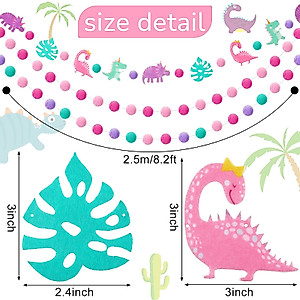 Kingdder 3 Pcs Pink Dinosaur Banner Party Decoration for Girls Pink Pom Pom Birthday Garland Felt Ball Banner Dinosaur Theme Holiday Hanging Garlands for Baby Shower Nursery Photo Prop Party Supplies
