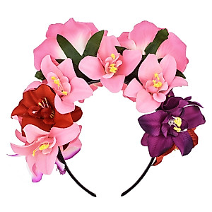 DreamLily Day of The Dead Headband Costume Rose Flower Crown Mexican Headpiece BC40 (Mexican Festival Crown Pink)