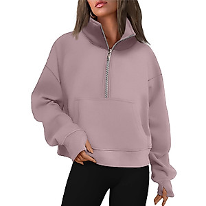 Trendy Queen Womens Half Zip Cropped Pullover Oversized Sweatshirts Fleece Quarter Zipper Hoodies Winter Clothes Sweaters Thumb Hole Darkpink