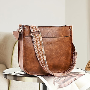 HKCLUF Crossbody Bags for Women Trendy Vegan Leather Hobo Handbags With 2PCS Adjustable Guitar Strap Shoulder Bucket Purse For Women(Brown)