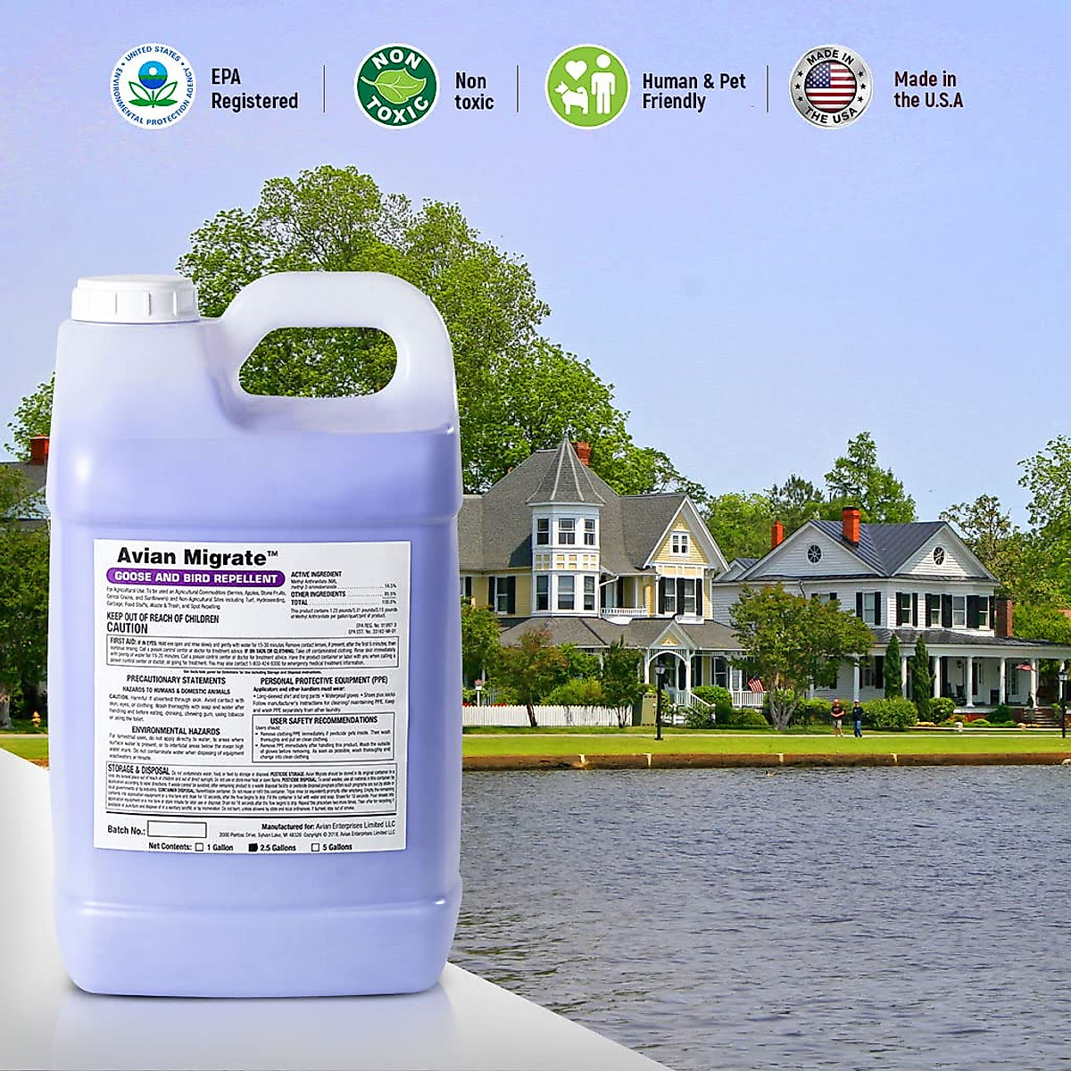 Avian Migrate Goose Deterrent, Bird Repellent Concentrate, Geese Repellent, Non-Toxic, Made in The USA, Removes Geese from Beaches, Yards, Ponds, Parks and Ground (1/2 Gallon)