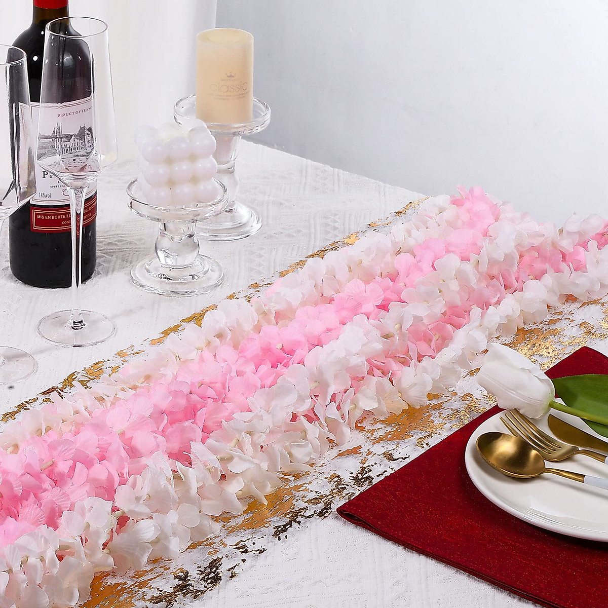 Luinabio 12 Pack 43.2 ft Wedding Artificial Silk Wisteria Vine Fake Hanging Flower Vine Garland Wall Plants Flower String for Home Outdoor Wedding Party Arch Garden Wall Home Decor, White and Pink