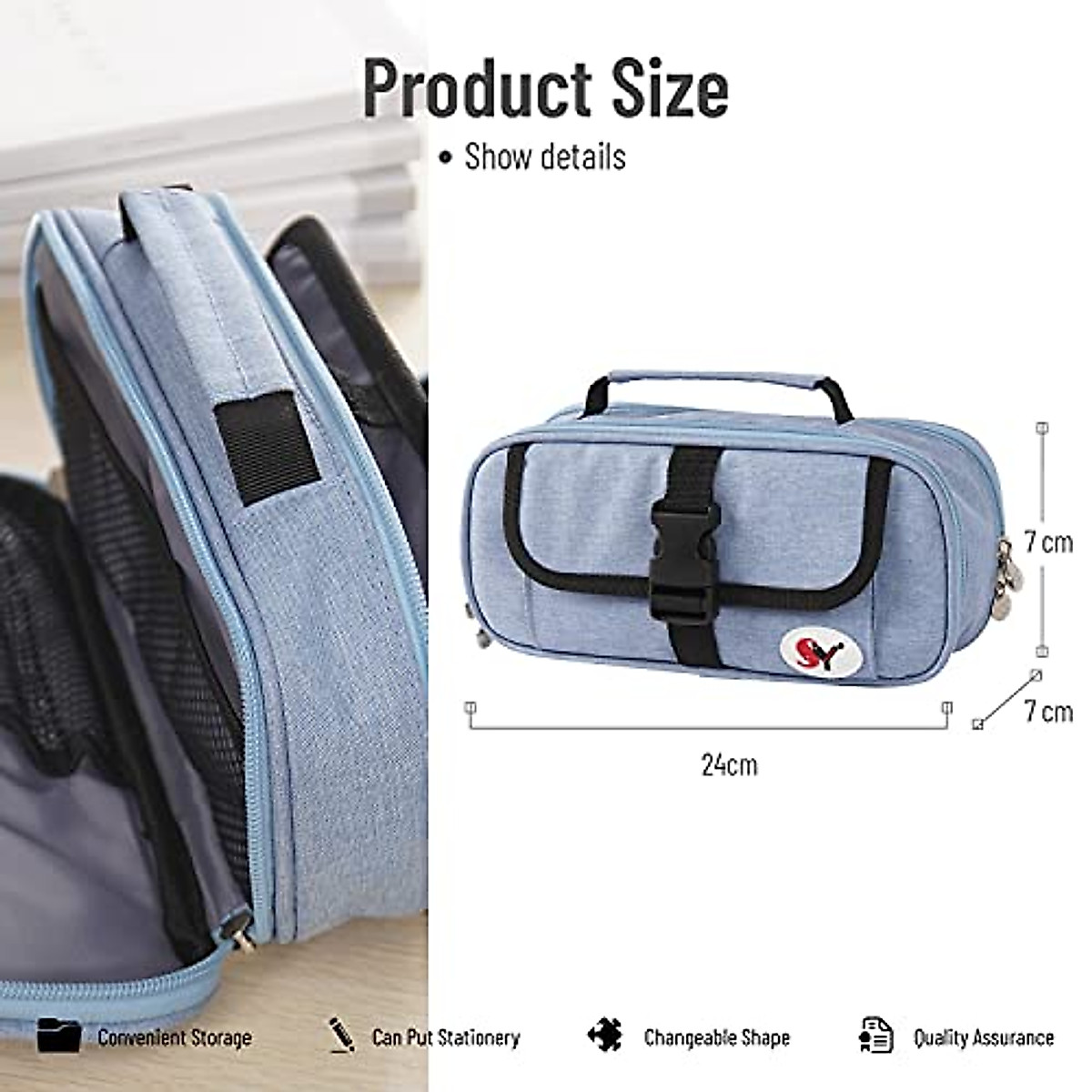 SY Big Capacity Pencil Case Pen Bag Storage Large Handheld Pen Pouch Bag Multiple Compartment Double Zipper Cosmetic Case High School Organizer College Student Girl Teen Adult-BLUE