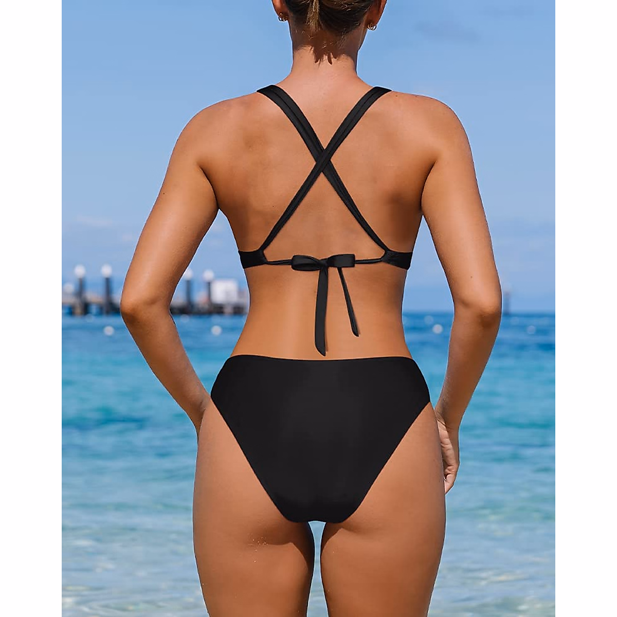 Roselychic Bikini Sets for Women Two Piece Swimsuit High Waisted Cutout Bathing Suits Solid V Neck Swimwear