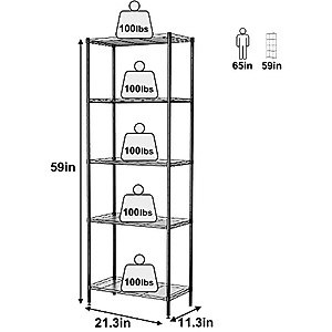 HOMEFORT 5-Shelving Unit,Adjustable Wire Shelving,Metal Wire Shelf with Shelf Liners and Hooks for Kitchen,Closet,Bathroom,Laundry,Black,21" W x 11" D x 59" H