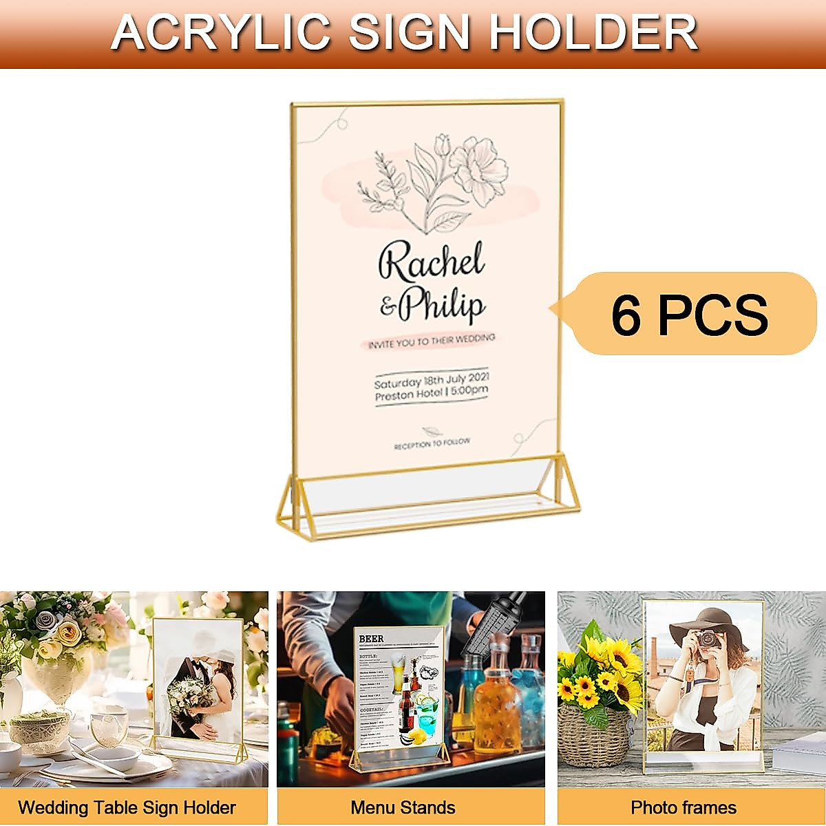 Cashger 8.5X11 Clear Sign Holder, Wedding Table Sign Double Sided Holder, Set of 6 Clear Acrylic Frames with Gold Border for Menus, Numbers, and Decor