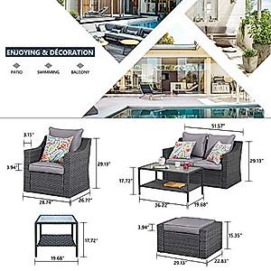 May in Color 7 Pieces Outdoor Patio Furniture Set, Wicker Conversation Set with Ottomans Cushions, Sectional Lounge Chair Sofa with Coffee Table, for Porch Deck Poolside Garden Balcony Backyard, Grey