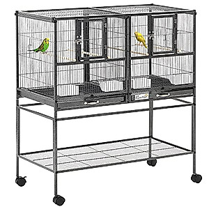 PawHut Divided Breeder Bird Cage with Rolling Stand Removable Metal Tray, Storage Shelf, Wood Perch, and Food Container