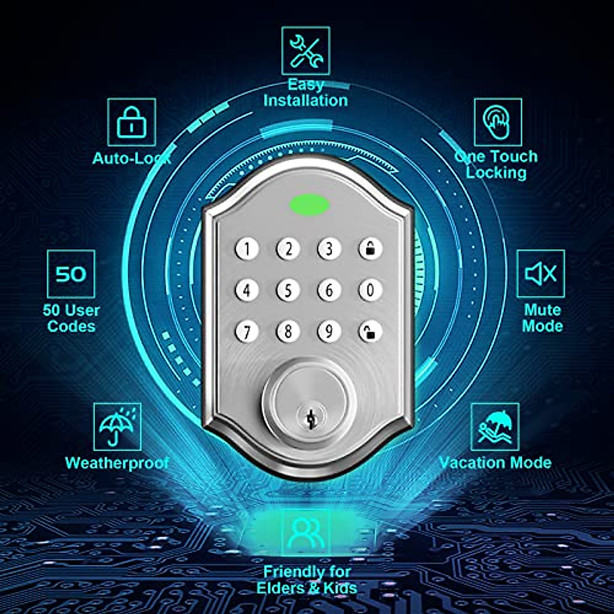 NeuType Keypad Deadbolt Electronic Keyless Entry Door Lock with Handle, Front Door Lock Set with Keypad, Auto Lock, 1-Touch Locking, 50 User Codes, Easy to Install (Traditional, Satin Nickel)