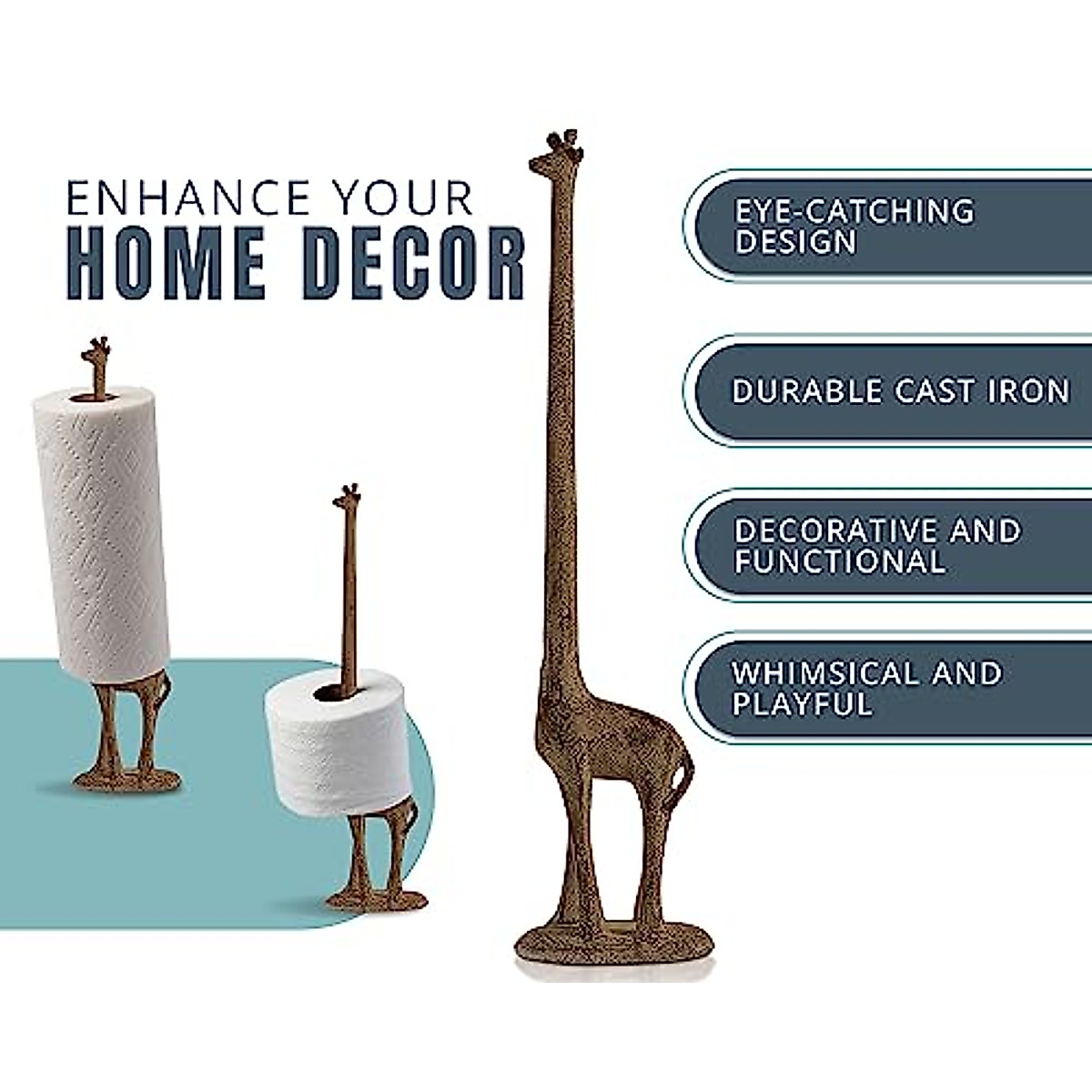 Paper Towel Holder or Free Standing Toilet Paper Holder- Cast Iron Giraffe Paper Holder - Versatile and Decorative Bathroom Toilet Paper Holder or Stand Up Paper Towel Holder - Rust Brown by Comfify