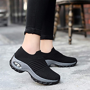 LEADER SHOW Women's Slip-On Walking Shoes Comfortable Loafers Casual Non-Slip Nursing Shoes Fashion Platform Sneakers (7, Black)
