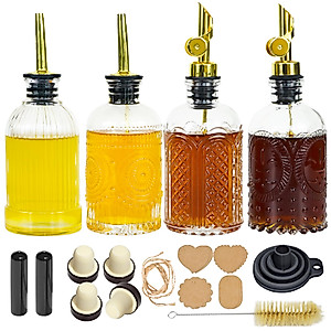 Coffee Syrup Dispenser Bottles Set 4 Pcs, 7oz/200ml Coffee Bar Accessories with Metal Pour Spout, Simple Syrup Bottles for Coffee Syrups, Honey, Condiments, Olive Oil, with Label, Funnel, Cork, Brush