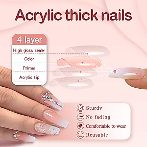Yivaiks 24pcs Advanced Hand Made Glitter Gradient Pink Press on Nails Medium Length,Luxurious Crystal Gem Design Ballerina Long Coffin Fake Glue for Women Acrylic Perfect Accessory Banquets, Soirees, Parties(GD-004)