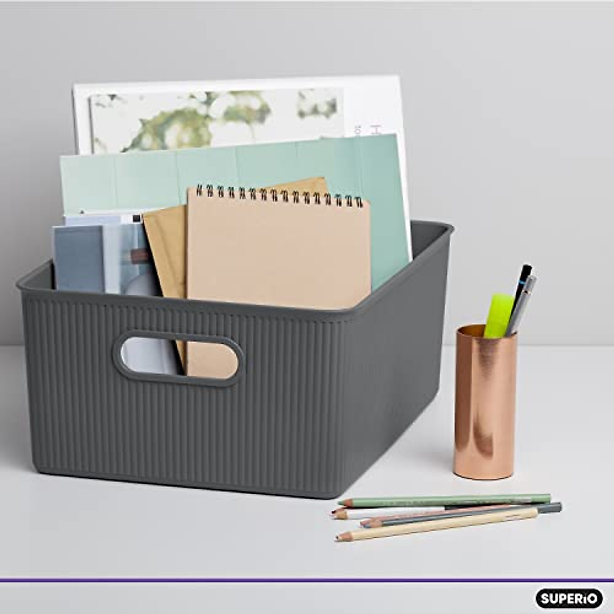 Superio Decorative Plastic Open Home Storage Bins Organizer Baskets, Large Grey (1 Pack) Container Boxes for Organizing Closet Shelves Drawer Shelf - Ribbed Collection 15 Liter/16 Quart