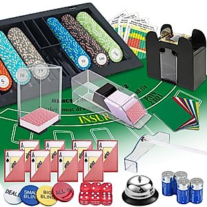 Ultimate Casino Game Set: 6 Deck Shuffler+300pc Hi-End Chips+8 Pro Plastic Poker Card+Card Shoe+Chip Rake+Felt+Accessories, Blackjack Set & Texas Holdem Kit, Poker Night Kit for Adult Casino Party