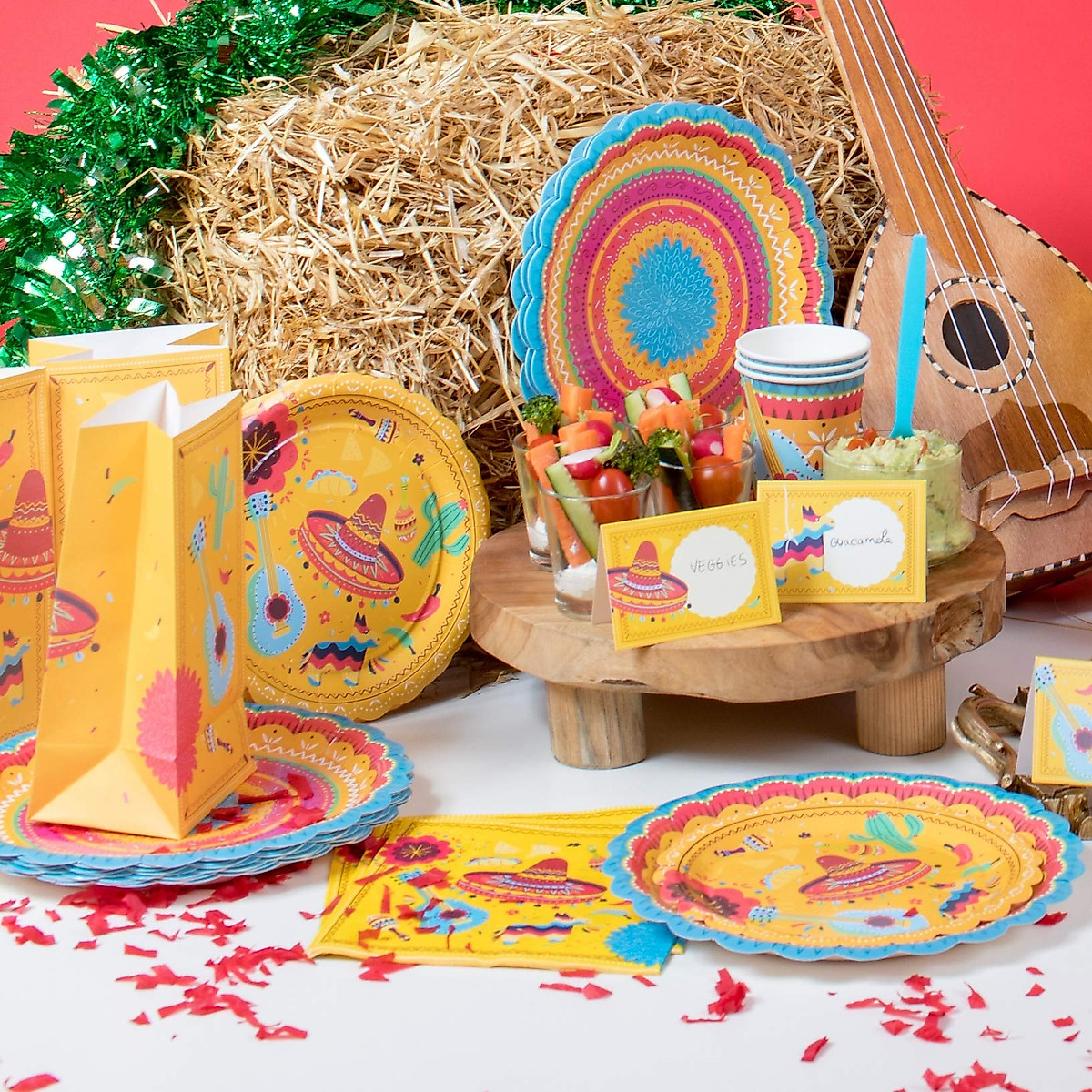 Mexican Fiesta Paper Plates Serves 16 Guests - Includes 16 Large Dinner Plates, 16 Dessert Plates, 16 Cups, and 16 Napkins | Perfect for Birthday, Taco Party, Cinco de Mayo and More