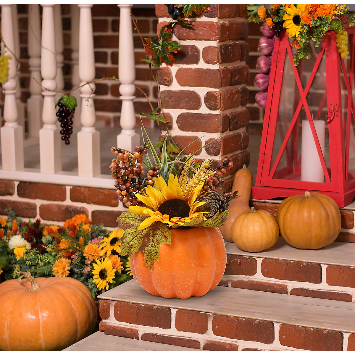 Gift Boutique Fall Pumpkin Centerpiece Artificial Floral Arrangement with Faux Maple Leaves Sunflower Pine Cone Berries Wheat for Porch Large Halloween Thanksgiving Tabletop Decorations 11 Inch