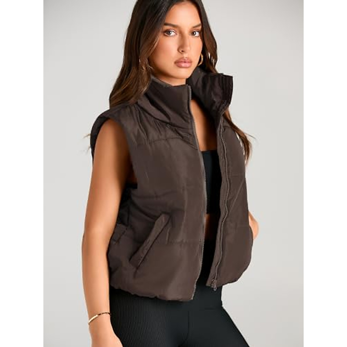 AUTOMET Puffer Vest Women Sleeveless Winter Cropped Outerwear Warm Puffer Lightweight Stand-up Collar Down with Pockets Coffee M