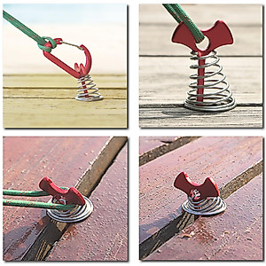 TRIWONDER 6pcs Deck Plank Board Tent Stakes Aluminum Spring Anchor Fishbone Guyline Cord Adjuster Tent Pegs with Carabiners for Outdoor Camping Hiking (Red Spring Nails + Carabiners)