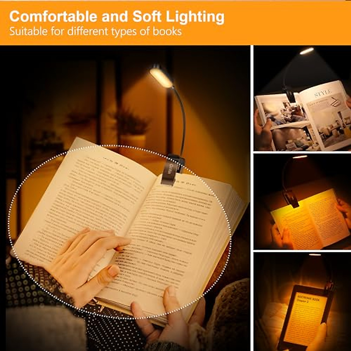 Gritin 16 LED Rechargeable Book Light for Reading in Bed- Eye Caring 3 Color Temperatures, Stepless Dimming Brightness, 80 Hrs Runtime, Lightweight Flexible Clip on Light for Book Lovers