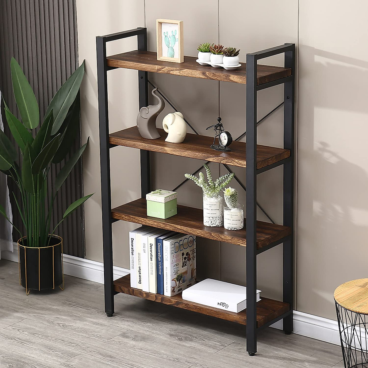 WH-AOERPUMY Solid Wood Bookshelf,4 Tier Rustic Vintage Industrial Etagere Bookcase, Open Metal and Wood Vintage Book Shelf, Retro Brown (Real Wood)(4-Tier)