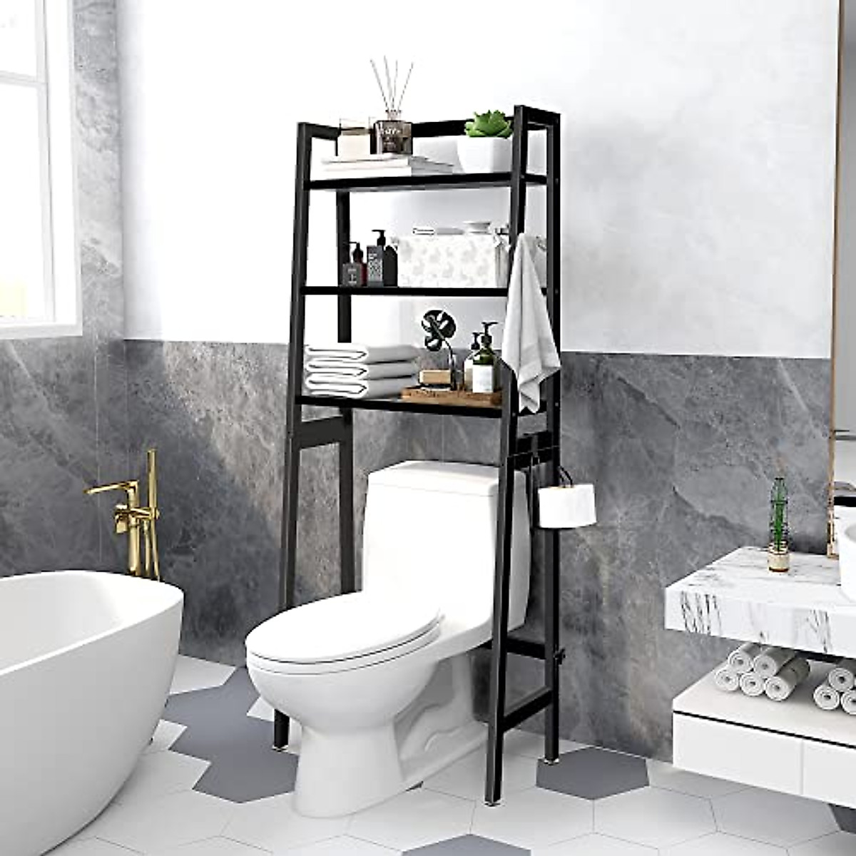 MallKing 3-Tier Over The Toilet Rack Wooden Bathroom Spacesaver and Wall Towel Rack Metal Bathroom Rolled Towels(Black)