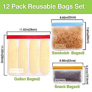 GTYXELC Reusable Storage Bags -BPA Free Reusable Freezer Bags (2 Reusable Gallon Bags + 5 Reusable Sandwich Bags + 5 Reusable Snack Bags) Leakproof Silicone Reusable Plastic Bags for Food（12 Pack)