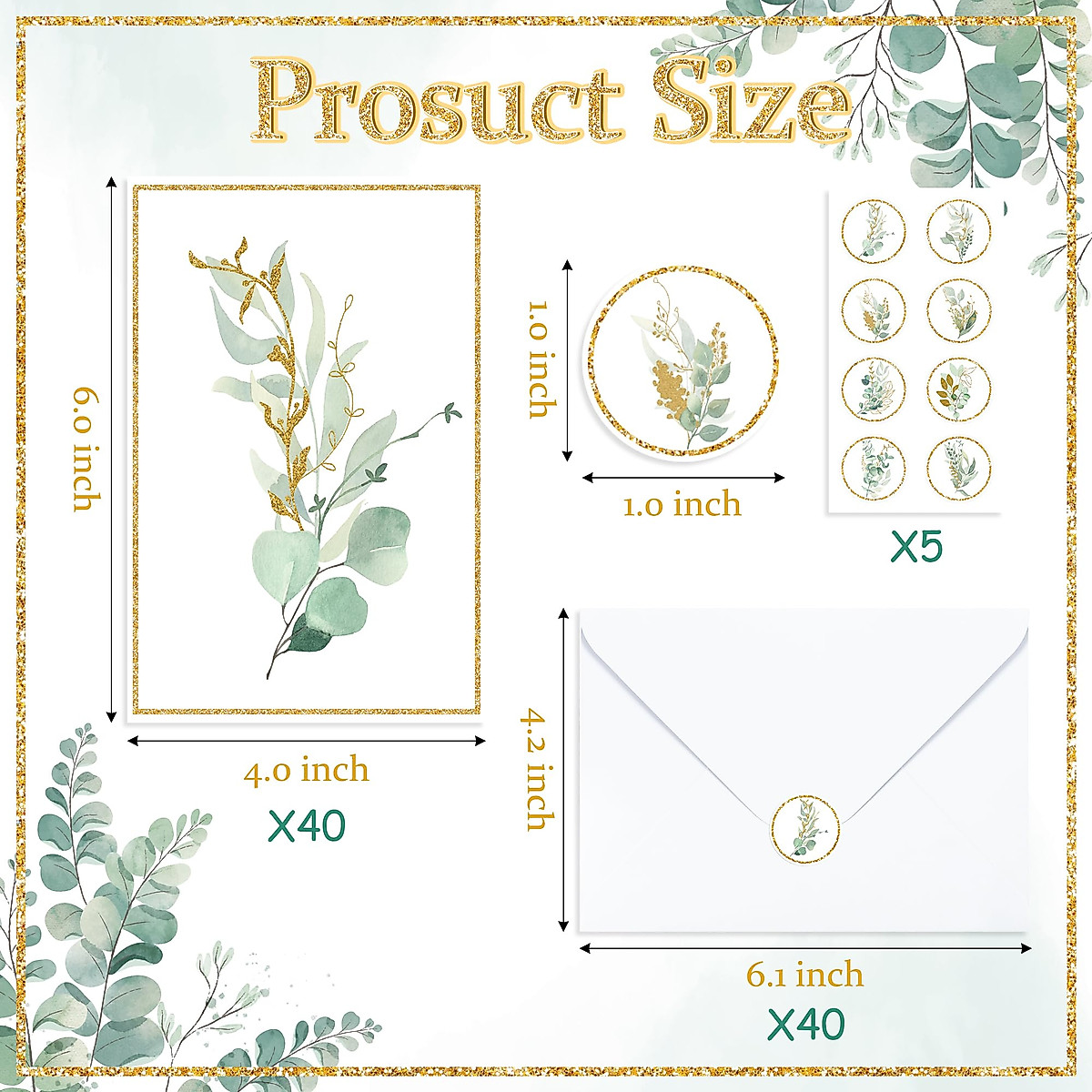 BeYumi 85Pcs Gold Greenery Greeting Cards with Envelopes Stickers Watercolor Botanical Note Cards Green Plant Thank You Blank Card for Birthday Wedding Graduation Anniversary Baby Shower Bridal Shower