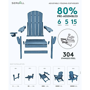 SERWALL 5-Piece Adirondack Chair and Ottoman and Table Set, HDPE Weather Resistant Adjustable Backrest Adirondack Chair with Ottoman and Side Table, Navy