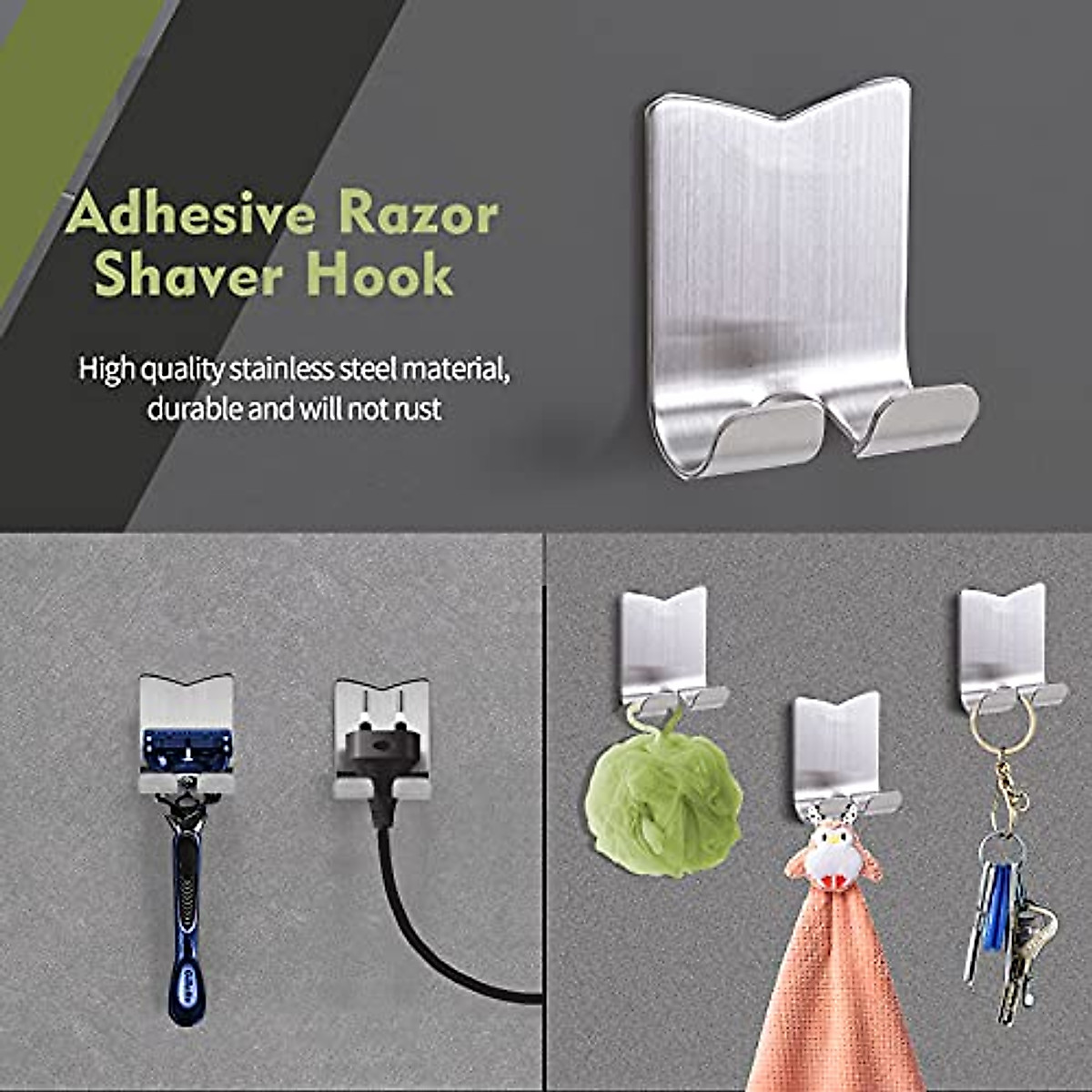 Electric Razor Holder Wall Mounted,Toothbrush Holder,with Shaver Hook Hanger 2 Pack,Stainless Steel Self Adhesive Shower Storage Razor Shelves and Hooks,Razor Shaver Accessory Organizer for Bathroom