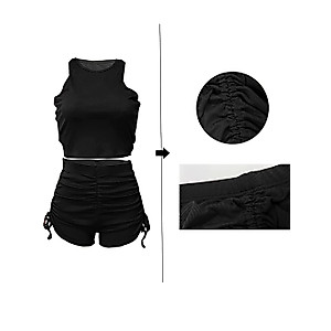 Workout Sets for Women 2 Piece Outfits Sexy Ribbed Crop Tank Top Drawstring High Waist Shorts Summer Short Set Black XL