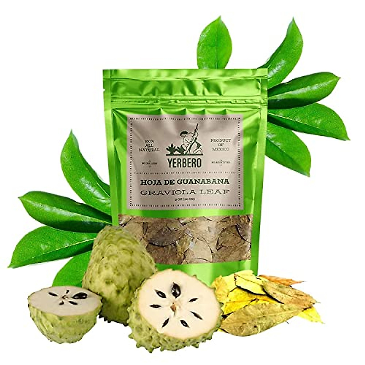 Yerbero - Te Hoja De Guanabana 1oz (28g) | Graviola Leaf - Whole Soursop Leaves | Stand Alone Resealable Bag, Crafted By Nature 100% All Natural Delicious Fresh Tea | From Mexico.