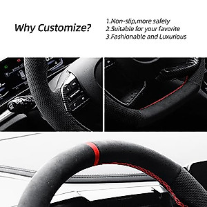 Alfanxi Hand Stitch Alcantara Steering Wheel Cover Compatible with Hyundai Elantra New i20 Elantra Bayon 2022 2023(Red Stripe)