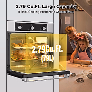 24" Single Wall Oven, ETL Certified, ThermoMate 2.79 Cu. Ft. Built-in Electric Oven with 5 Cooking Functions, Electric Wall Ovens with Stainless Steel Finish, Mechanical Knobs Control