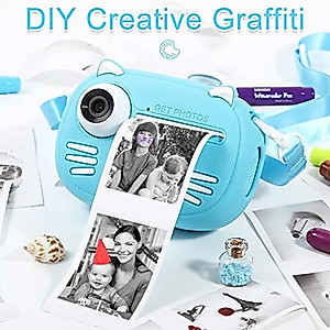 QSYY Children's Instant Camera 40MP Dual Lens 2.4 Inch Screen 32G Memory Card 33 Rolls of Printing Paper Colored Pencil Backpack Lanyard,Blue