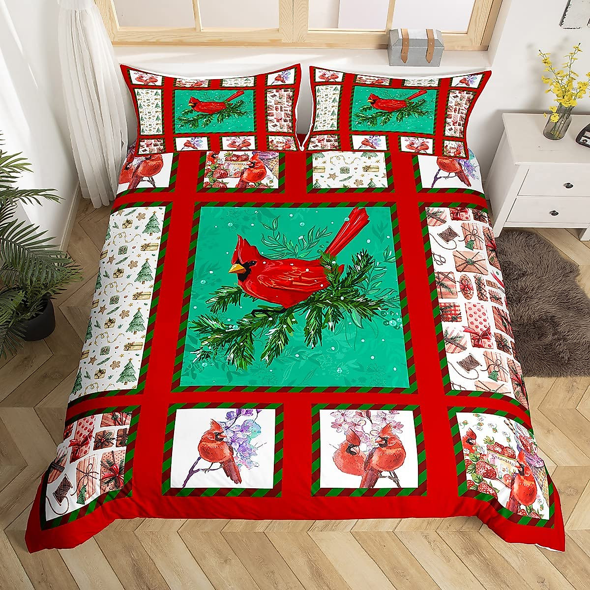 Erosebridal Cardinals Birds Duvet Cover Red Cardinal Bedding Set for Kids Child,Green Pine Tree Branches Comforter Cover Cute Bird Animal Bed Sets Patchwork Style Bedroom Decor Twin Size