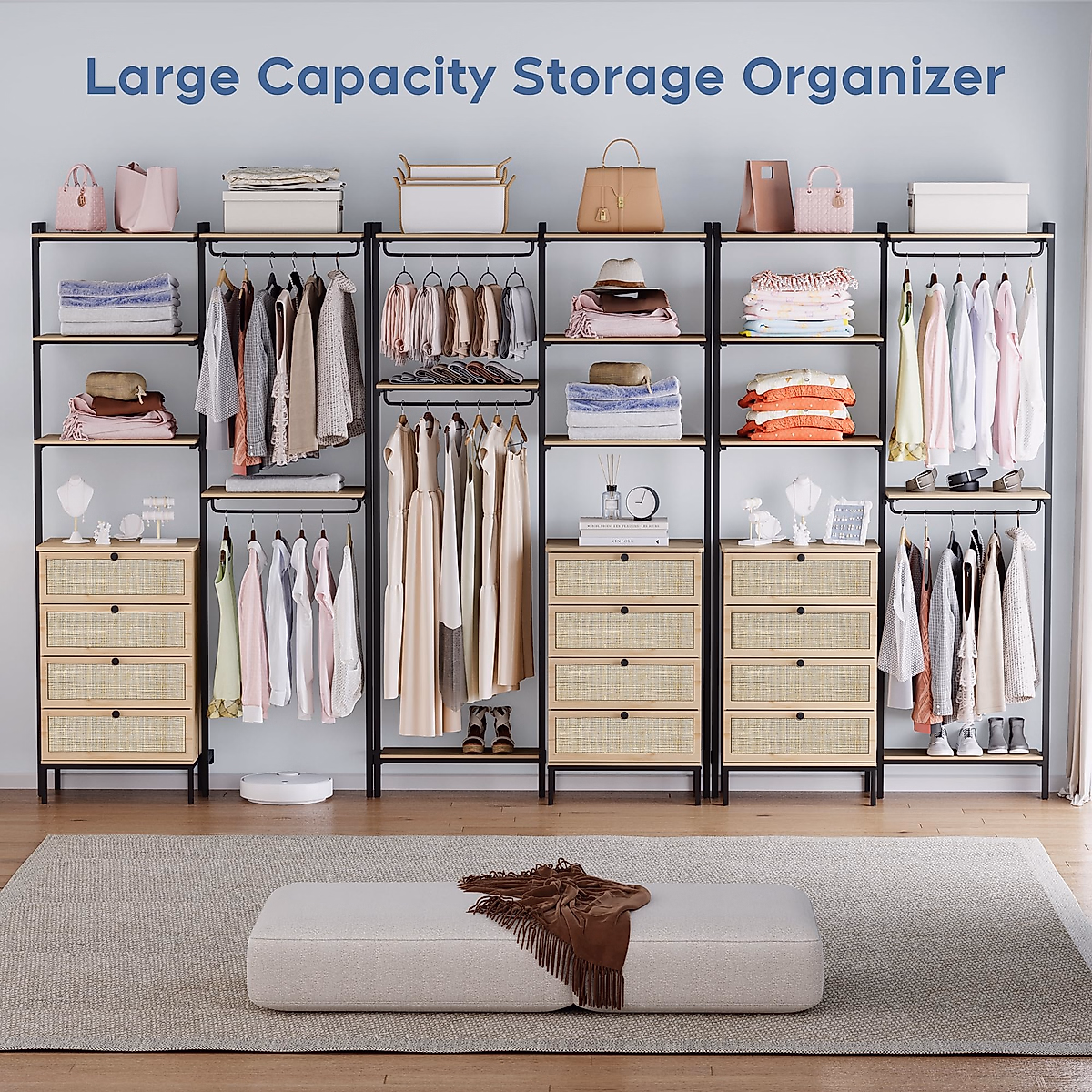 98.04 Inches Closet System, Large Wall Mount Wardrobe Cabinet Clothes Storage and Organizer Heavy-Duty Garment Rack Walk-in Clothes Rack with 8 Natural Rattan Drawers for Bedroom and Walk in Closets
