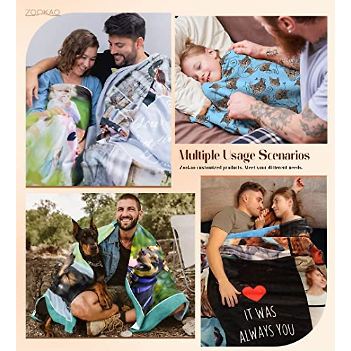 Zookao Custom Blankets with Photos and Text, Made in USA Personalized Blanket with Picture Memorial Throw Blanket for Couples, Personalized Gifts for Anniversary Valentine's Day(30"x40")