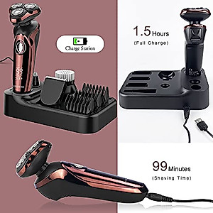 Electric Razor for Men, 4-in-1 Electric Shavers Cordless Face Shaver Rechargeable Men’s Razor Waterproof Rotary Shaver with Charge Station Nose Sideburns Trimmer Cleaning Brush Gift for Father Him