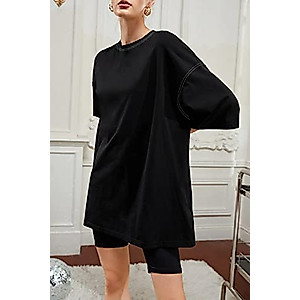 FSHAOES Women's Oversized T Shirts Casual Loose Half Sleeve Drop Shoulder Tees Summer Round Neck Cotton Tunic Tops Black