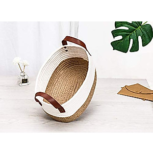 ZFRXZ Small Cotton Rope Basket with Handles, Oval Woven Basket Diaper Caddy, Storage Bins Toy Organizer, Baby Basket (White-Jute, 12"×8"×5")
