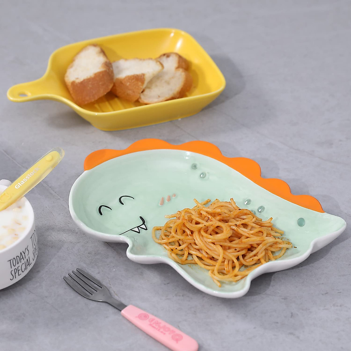 MyGift Fun Adorable Dinosaur Shaped Ceramic Plate, Cute Turquoise Cartoon Stegosaurus with Orange Spine, Small Serving Happy Dino Platter Snack Tray