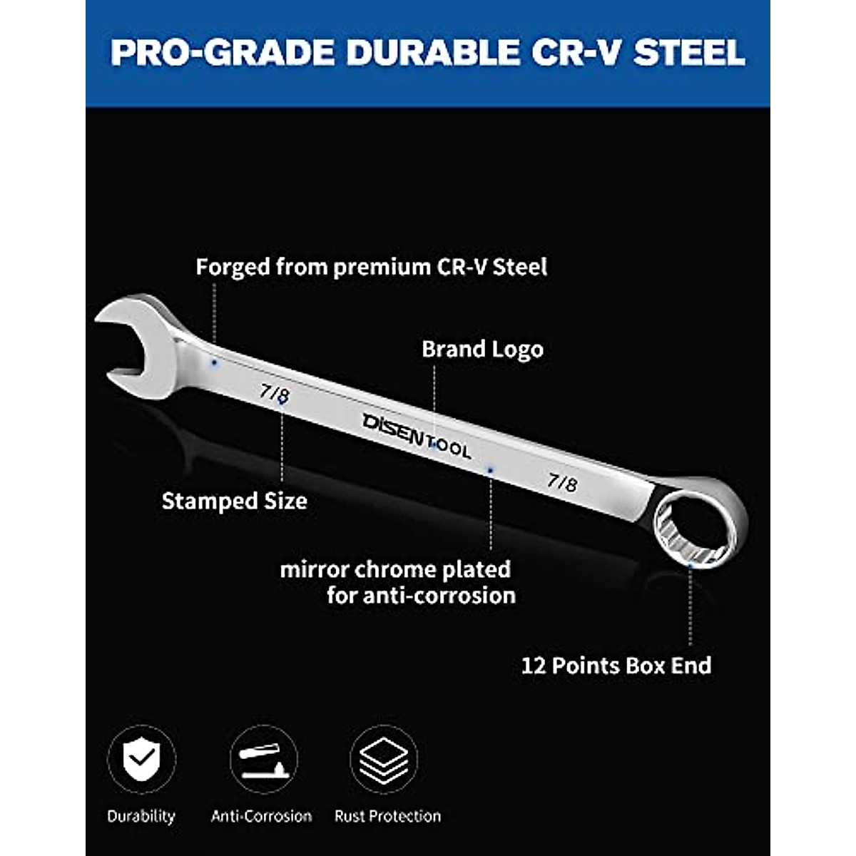 DISEN 24pcs Combination Wrench Set, Metric/SAE, IN/MM Wrench Set with Tool Roll,12 Point Combination Wrench, 7-18mm and 1/4-7/8" Box End and Open End Wrench Set, Drop Forged Steel