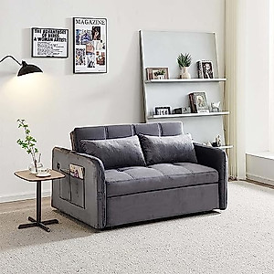 Antetek 3-in-1 Sleeper Sofa Bed w/USB Port, Modern Convertible Tufted Velvet Upholstered Pull Out Futon Couch, 55.5" W Small Loveseat Sofa for Office Living Room Small Space, Grey